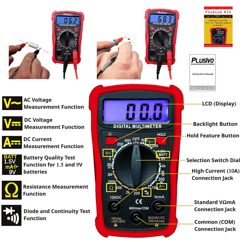 Plusivo Digital Display Multimeter DM101 + Test Leads