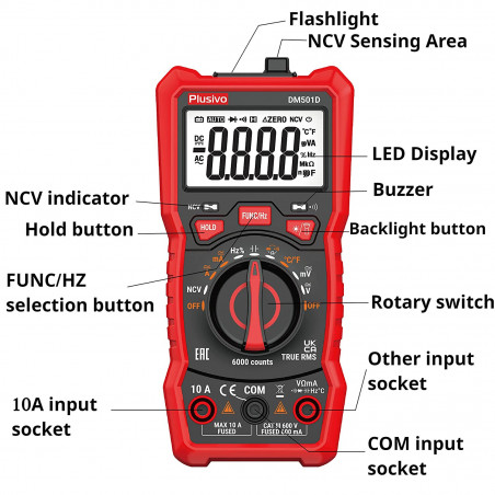 6000 Counts Digital Multimeter Auto Ranging TRMS AC DC Voltmeter Ohm ...