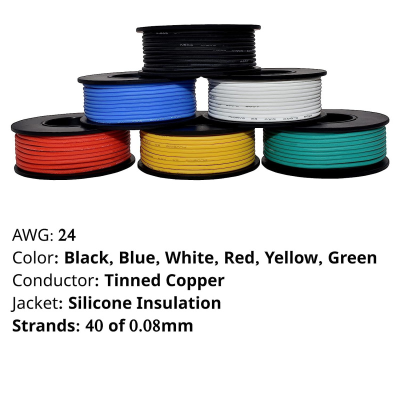 Plusivo AWG24 Hook Up Silicone Wire Kit - 600V Stranded Tinned Copper ...